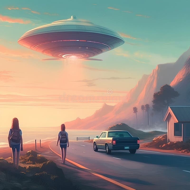 Fantasy Landscape with UFO Flying Over the Road. 3d Illustration Stock ...