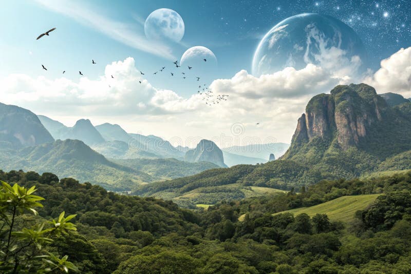 Fantasy Landscape with Vegetation, Mountains, Planets, Clouds and Birds ...