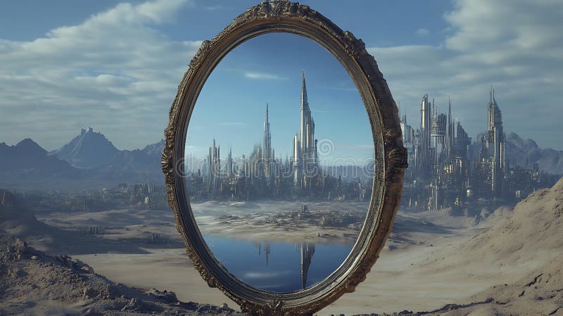 Fantasy Landscape Viewed through an Ornate Mirror Frame Stock ...