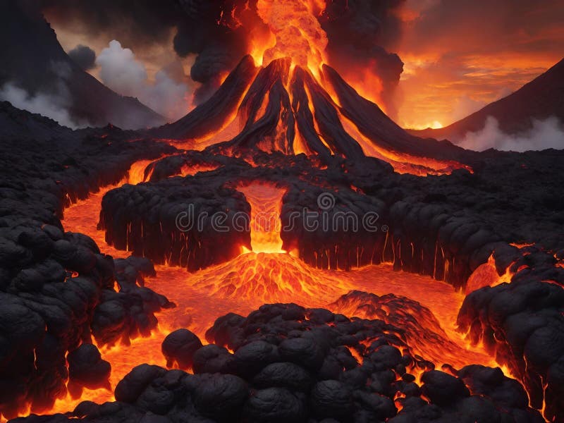 Fantasy Landscape with Volcano and Fire Stock Illustration ...