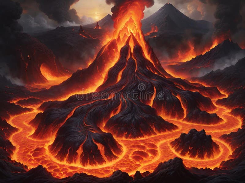 Fantasy Landscape with Volcano and Fire Stock Illustration ...