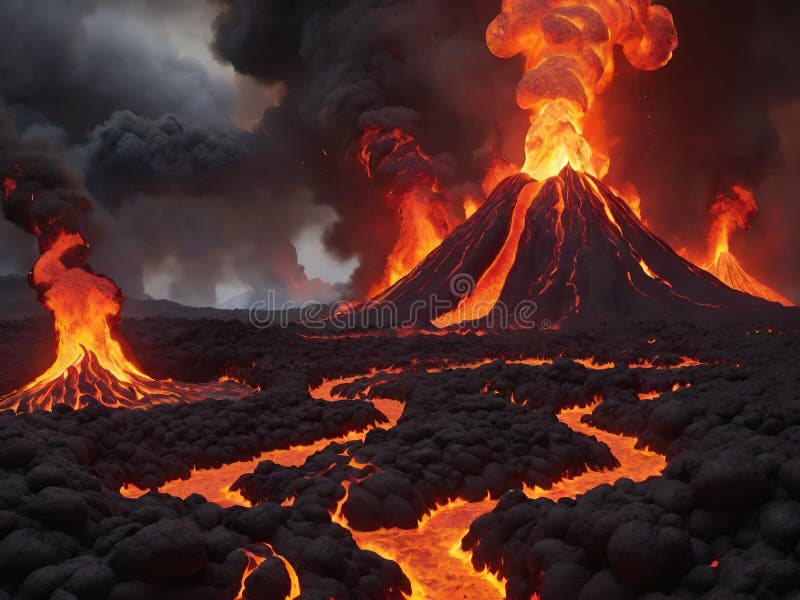 Fantasy Landscape with Volcano and Fire Stock Illustration ...