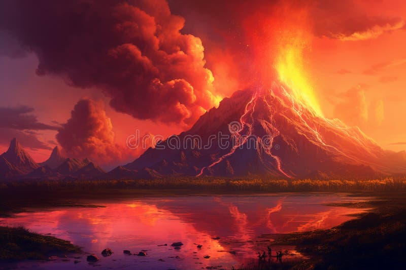 Fantasy Landscape with Volcano and Lake Stock Illustration ...