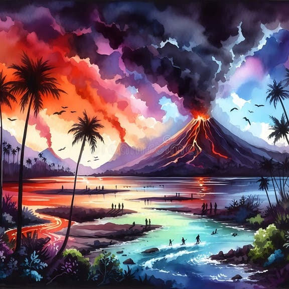 Fantasy Landscape with Volcano River and Mountains Stock Illustration - Illustration of ...