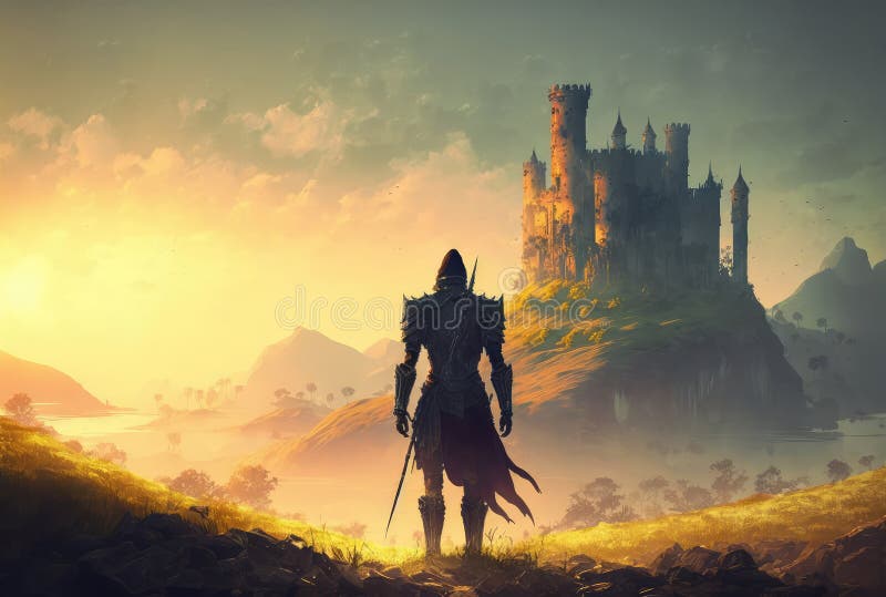 Fantasy Landscape with Warrior and Castle. Generative AI Stock ...
