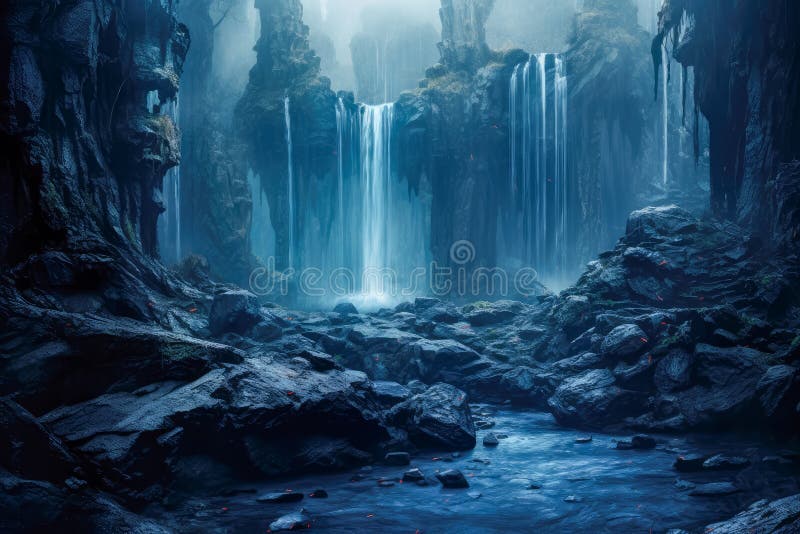Fantasy Landscape with a Waterfall in a Cave Stock Illustration ...