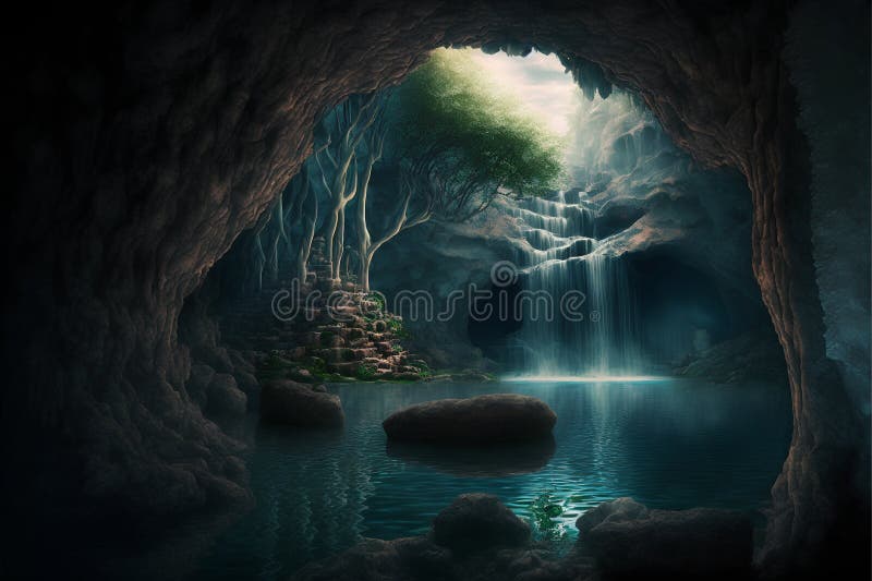 Fantasy Landscape with a Waterfall in a Cave. 3d Render Stock ...
