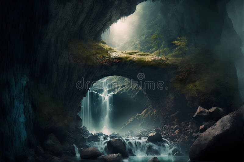 Fantasy Landscape with a Waterfall in a Cave. 3d Rendering Stock ...