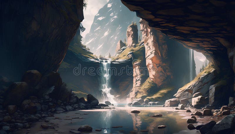 Fantasy Landscape with a Waterfall in a Cave. 3d Rendering Stock ...