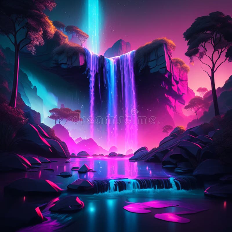 Night Landscape with Waterfall. Vector Illustration of Fantasy ...