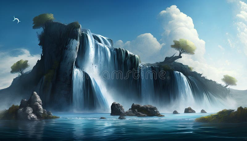 Fantasy Landscape with a Waterfall in the Mountains. 3d Rendering Stock ...