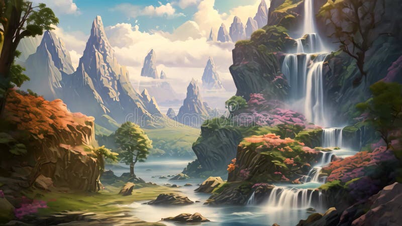 Fantasy Landscape with a Waterfall in the Mountains. 3d Rendering ...