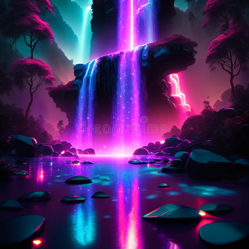 Fantasy Landscape with Waterfall in Neon Light. 3d Rendering Stock ...