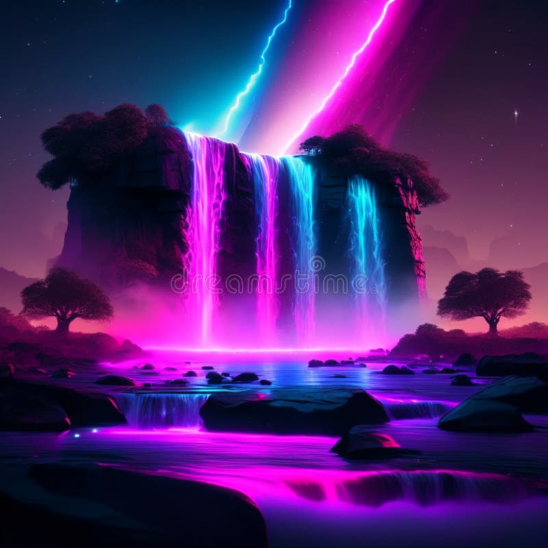 Fantasy Landscape with Waterfall in the Night. 3d Rendering Stock ...