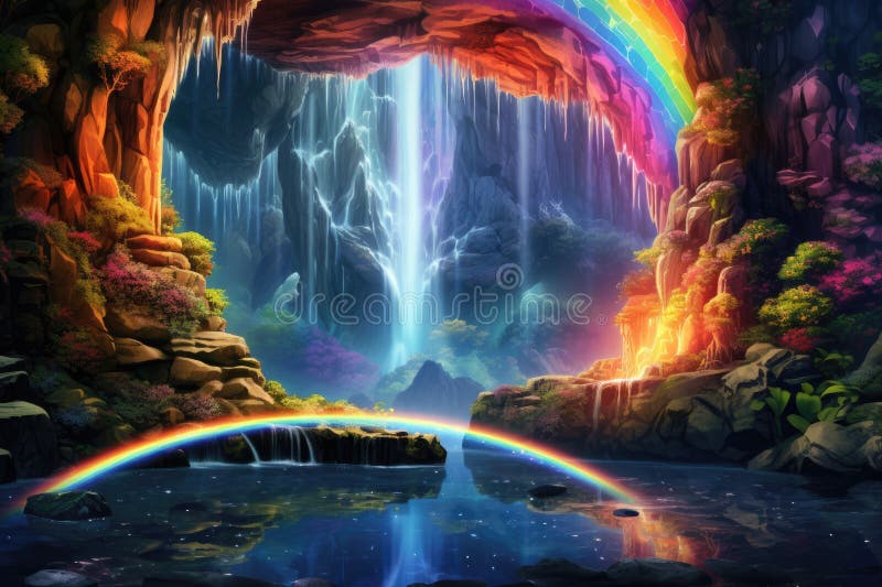 Fantasy Landscape with Waterfall and Rainbow, 3d Render. Computer ...