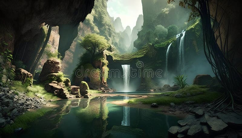 Fantasy Landscape with Waterfall and Rocks in the Forest. 3d Render ...