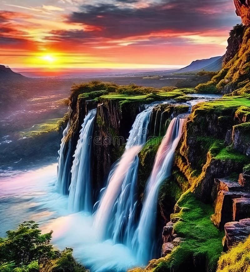 Fantasy Landscape with Waterfall at Sunset Stock Photo - Image of ...