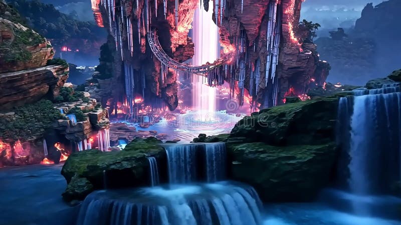 A Fantasy Landscape with Waterfalls Flowing into a Blue Lake ...