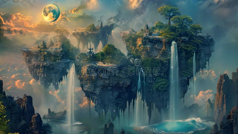 Fantasy Landscape with Waterfalls and Full Moon, a Surreal Landscape ...