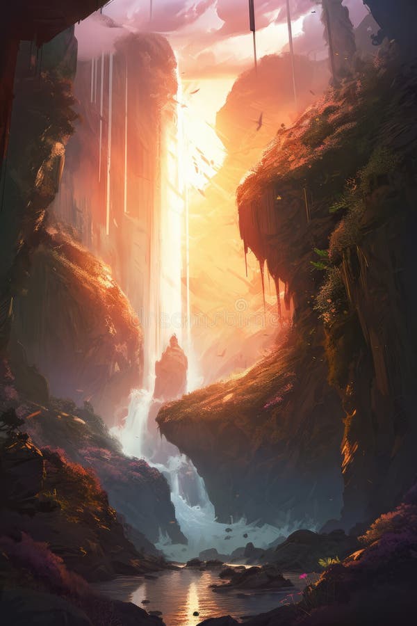 Fantasy Landscape with Waterfalls and Mountains Created Using ...
