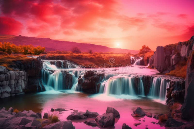Fantasy Landscape with Waterfalls, River and Mountains Created Using ...