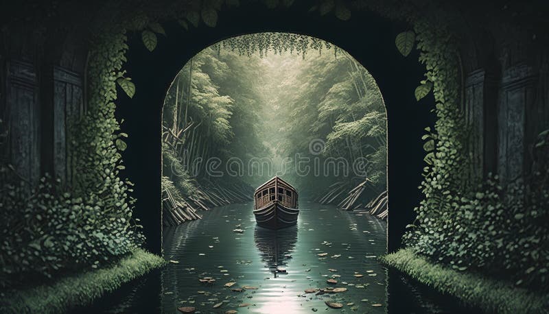 Fantasy Landscape with Wooden Boat in the Canal. 3d Rendering Stock ...