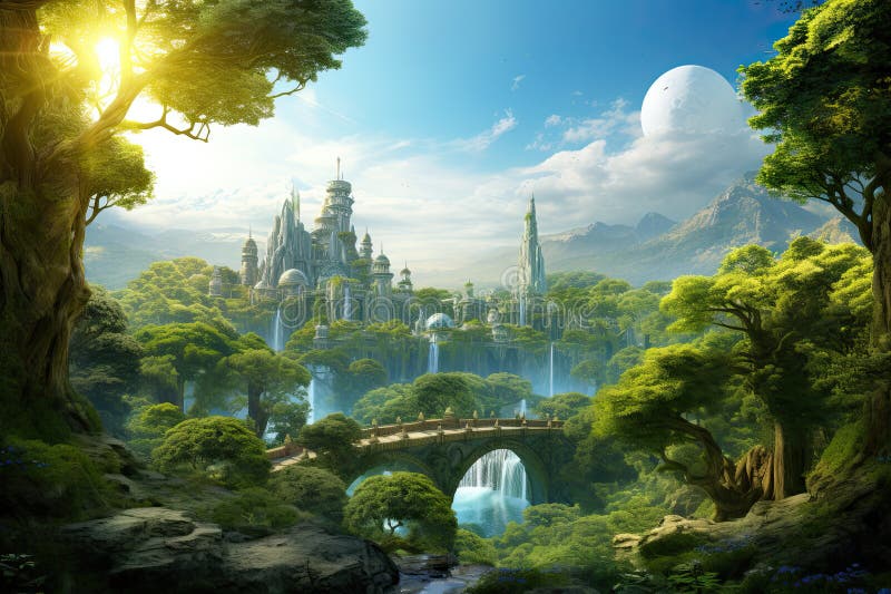 Fantasy Landscape with Fantasy World and Bridge. 3D Rendering, AI ...