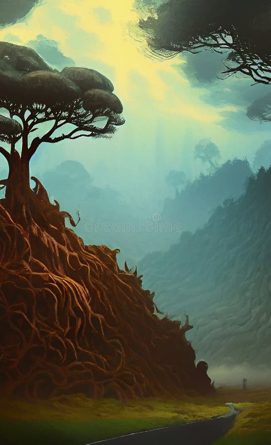 Fantasy Lanscape with an Ancient Tree - Abstract Digital Art Stock ...