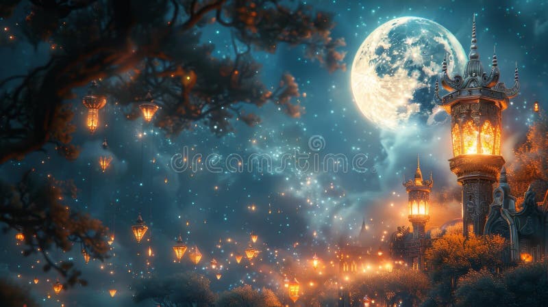 Fantasy Lanterns and Moonlit Night - Generative Ai Stock Illustration ...