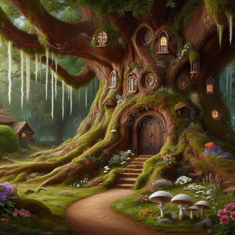 A Fantasy Large Oak Tree with Windows and a Door with a Dirt Path ...
