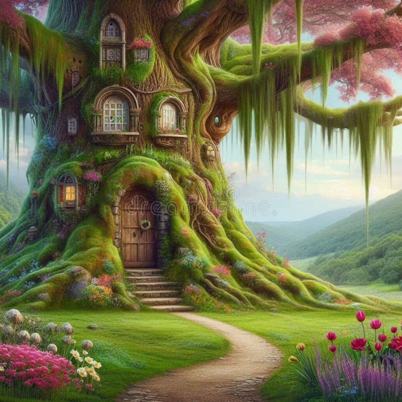 A Fantasy Large Oak Tree with Windows and a Door with a Dirt Path ...