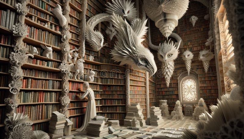 Fantasy Library with Paper Sculptures Stock Illustration - Illustration ...