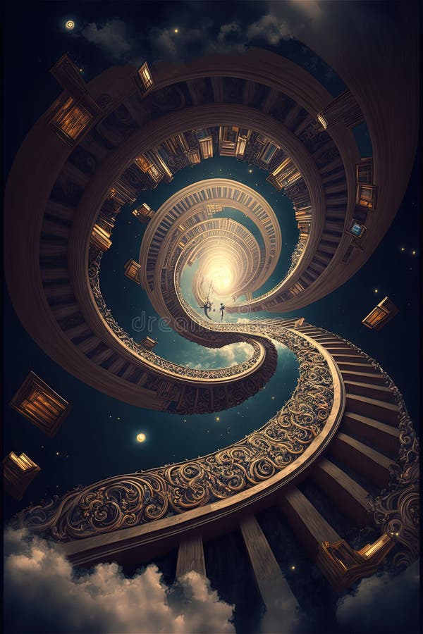 Fantasy Library with Spiral Stairs To the Sky. Generative Ai Stock ...