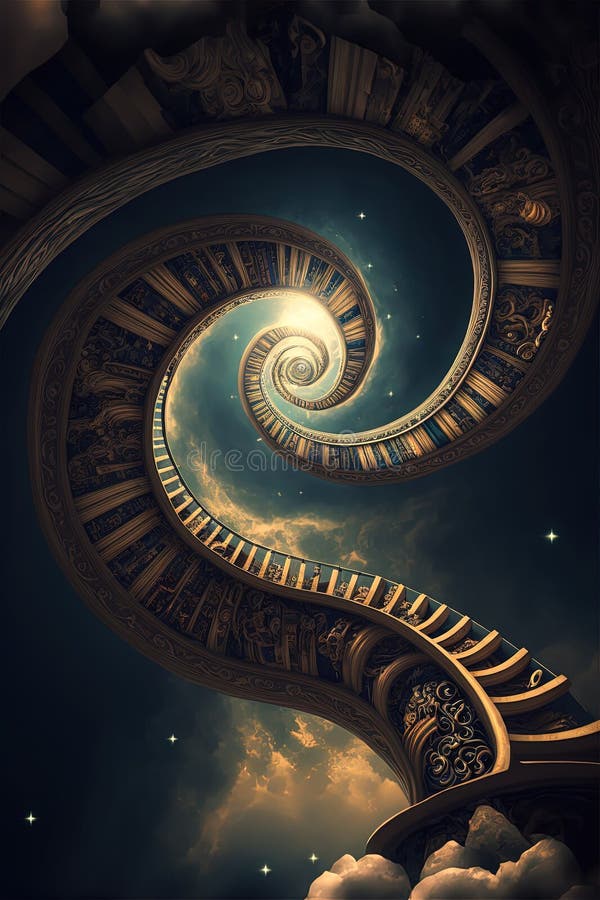 Fantasy Library with Spiral Stairs To the Sky. Generative Ai Stock ...