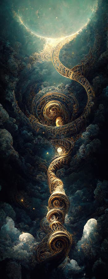 Fantasy Library with Spiral Stairs To the Sky. Generative Ai Stock ...
