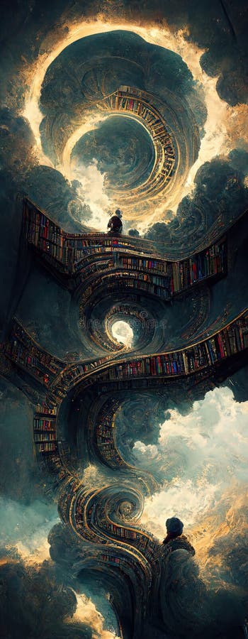 Fantasy Library with Spiral Stairs To the Sky. Generative Ai Stock ...