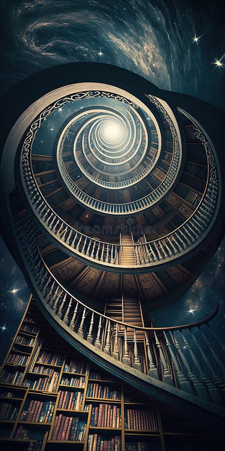 Fantasy Library with Spiral Stairs To the Sky. Generative Ai Stock ...
