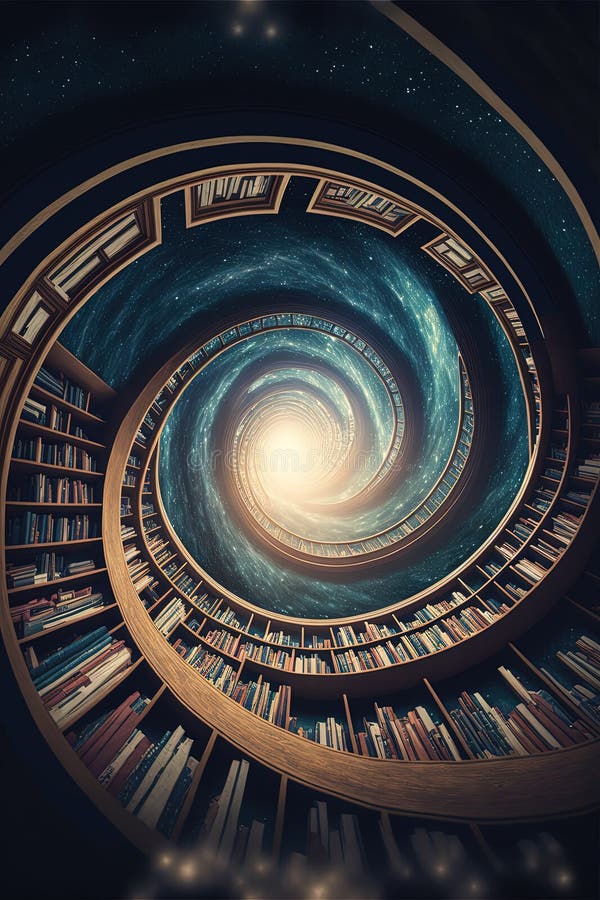 Fantasy Library with Spiral Stairs To the Sky. Generative Ai Stock ...