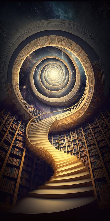 Fantasy Library with Spiral Stairs To the Sky. Generative Ai Stock ...