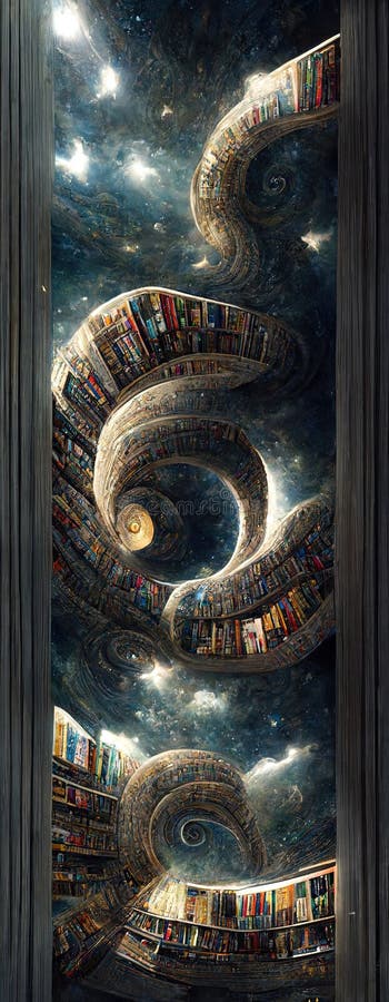 Fantasy Library with Spiral Stairs To the Sky. Generative Ai Stock ...