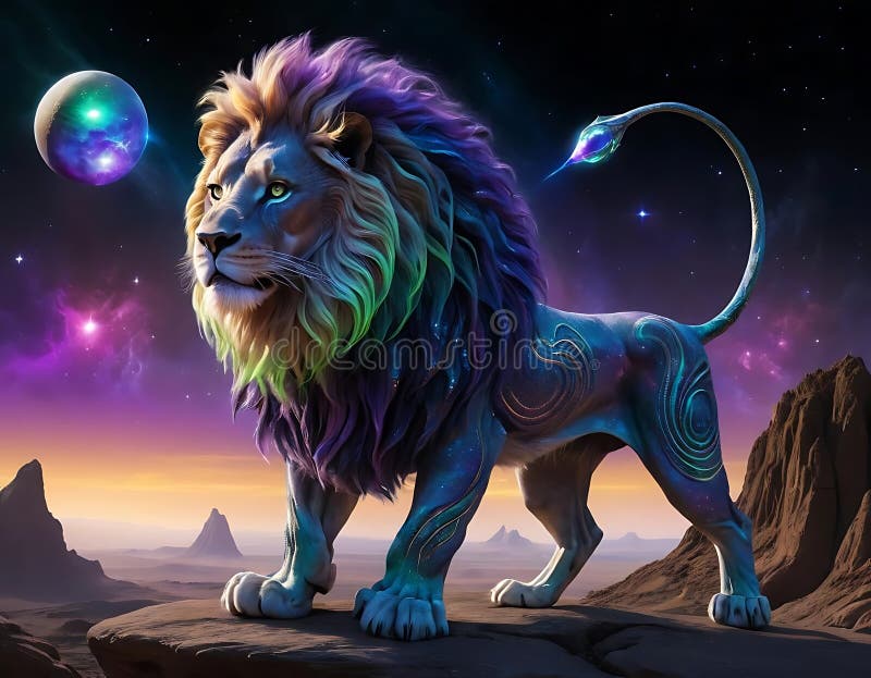 Fantasy Lion with Ethereal Cosmic Glow in a Mystical Landscape Stock ...
