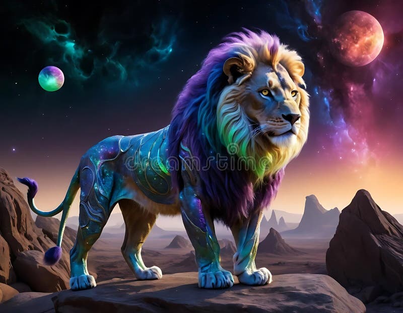 Fantasy Lion with Ethereal Cosmic Glow in a Mystical Landscape Stock ...