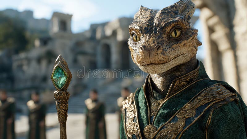 Fantasy Lizard Creature with Ornate Staff Stock Illustration - Illustration of monster, scaled ...