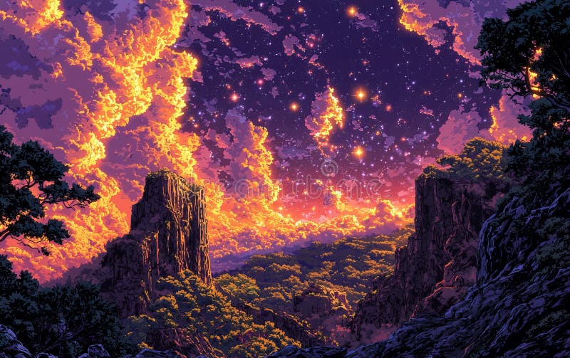 Vibrant Fantasy Lscape with Firey Clouds a Starry Night Sky Stock ...