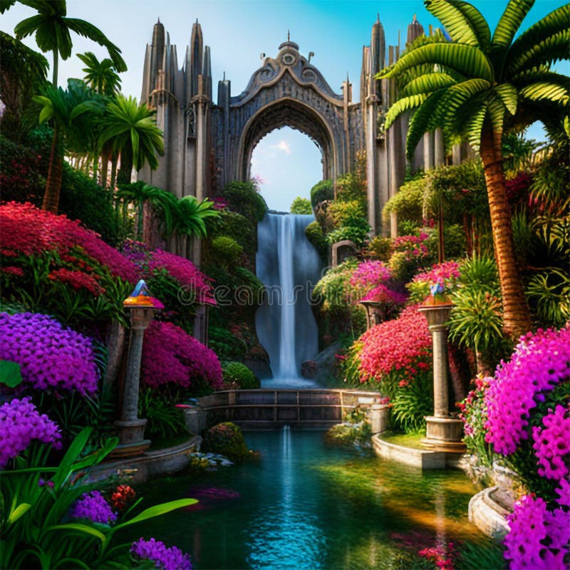Fantasy Lush Tropical Paradise with Waterfall 01 Stock Illustration ...