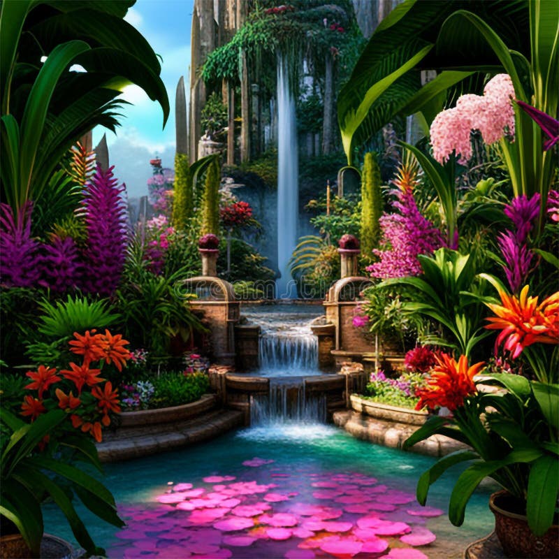 Fantasy Lush Tropical Paradise with Waterfall 10 Stock Illustration ...