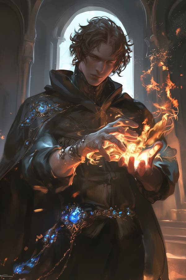 Fantasy Mage Man in Dark Cloak Conjuring Fire Spell with Glowing Magic Energy Stock Illustration ...