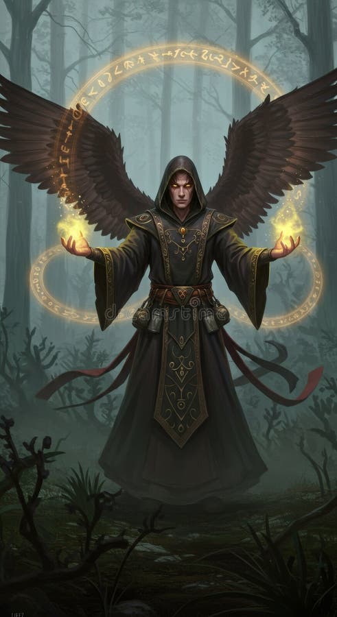 Winged Mage Casting Spell with Magic Circles in a Misty Forest Stock ...