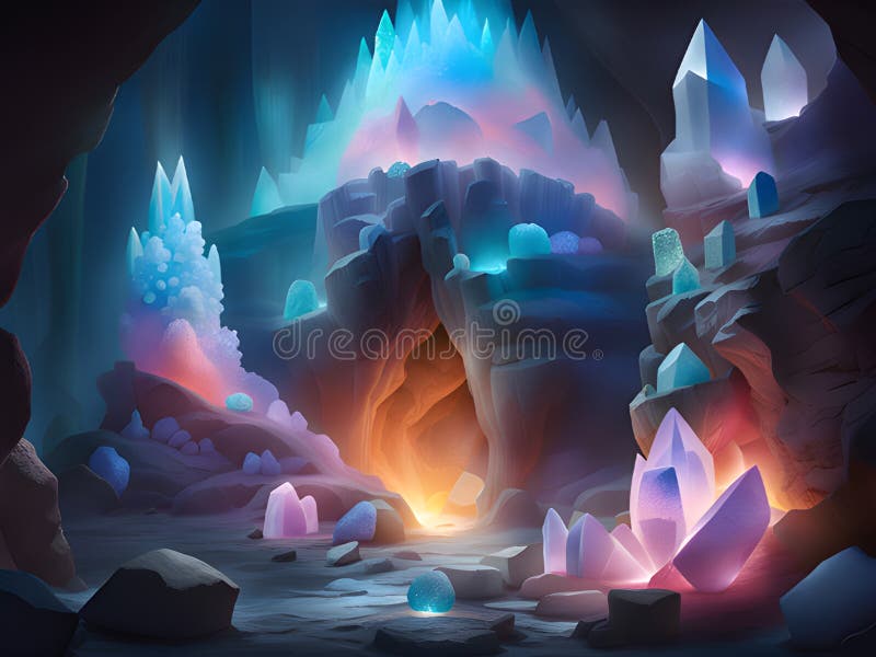 Fantasy Magic Cave with Crystals Stock Illustration - Illustration of ...