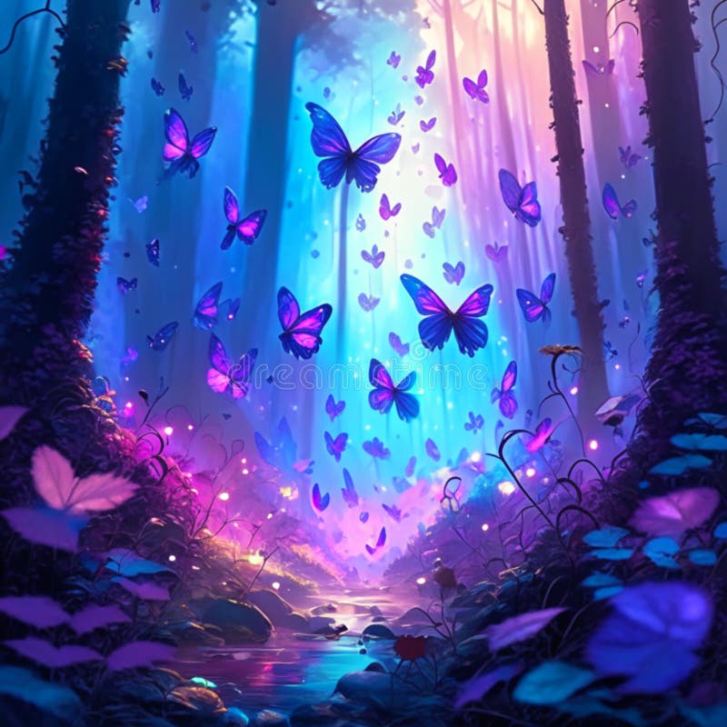Fantasy Magic Forest with Butterflies. 3d Rendering, 3d Illustration ...
